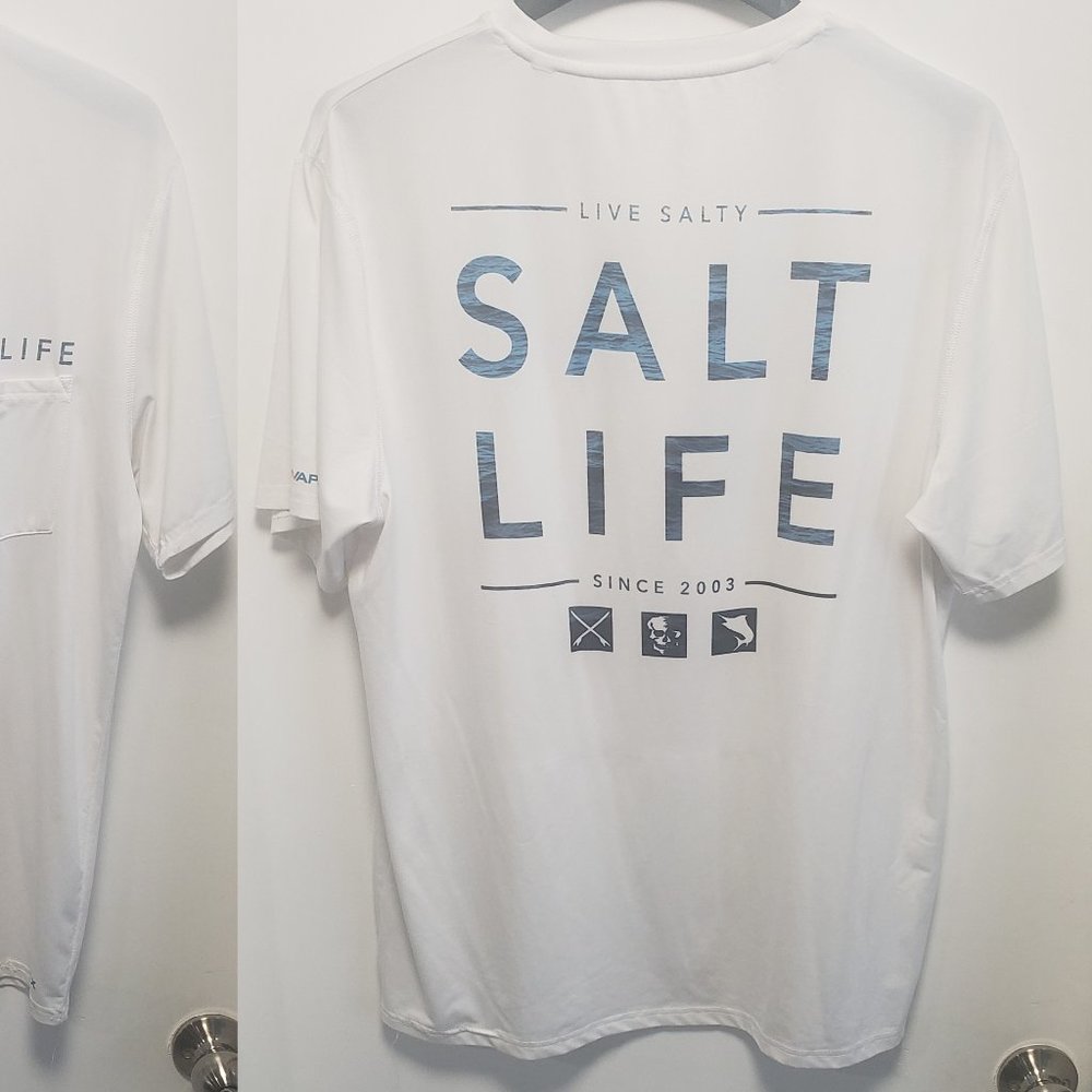 Mens White Pocket Salt Life Front & Back Print T-Shir… - Gem